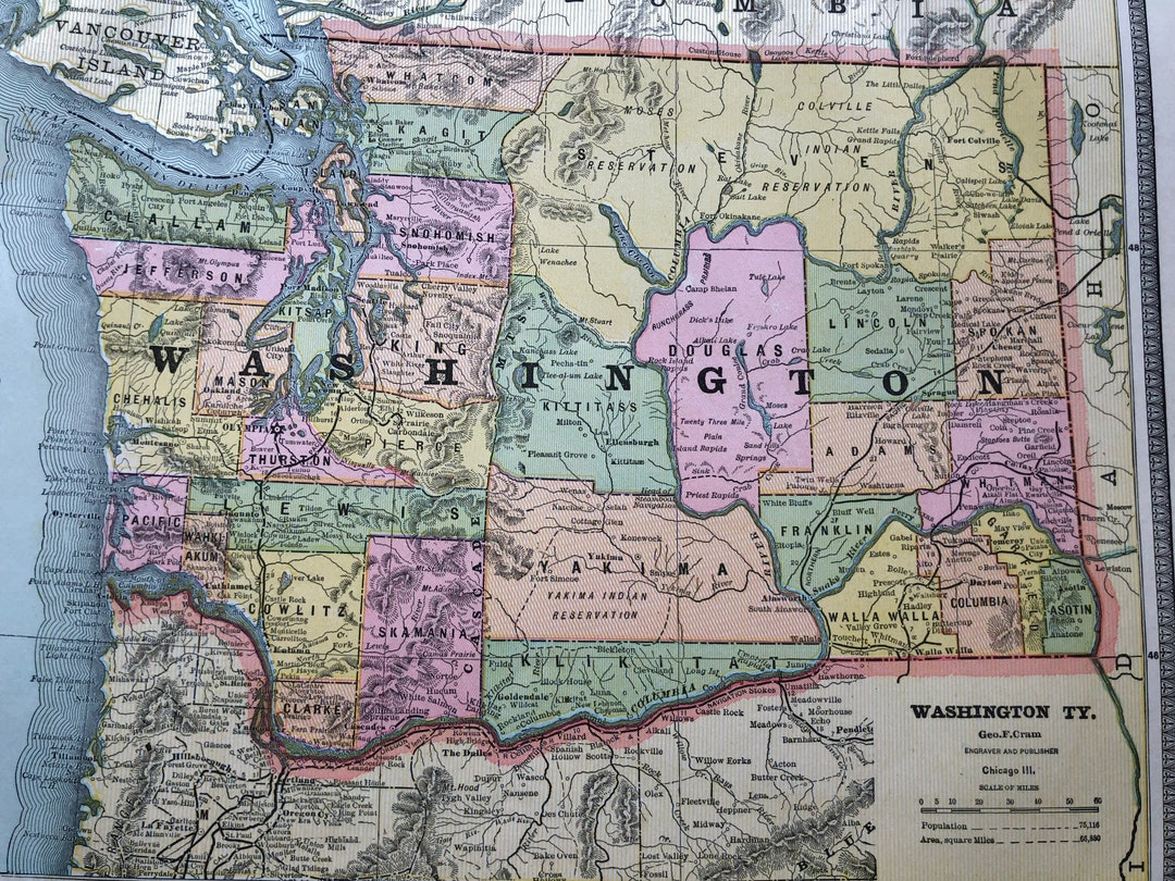 1886 Washington Territory Map Hand Colored Lithograph Americana 13 by ...