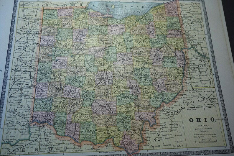 1886 Ohio Map | Hand Colored Vintage Lithograph | Americana 13 by 11 ...