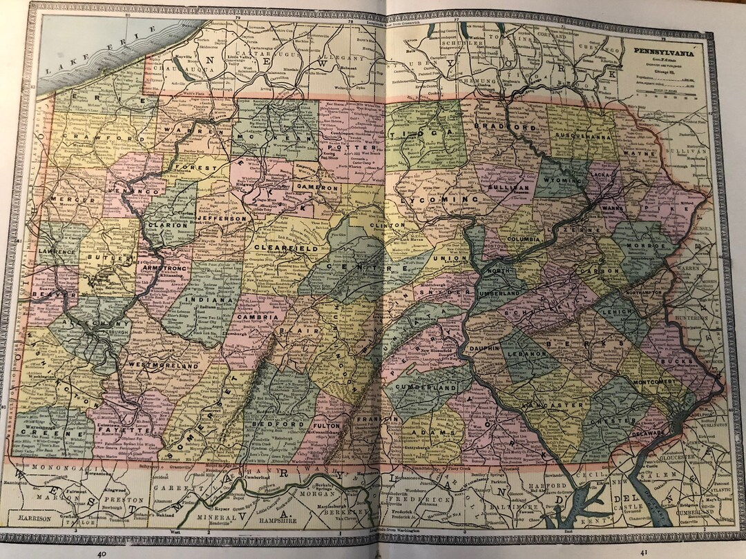 1886 Pennsylvania Map Hand Colored Lithograph Americana 13 by 22 Inches ...