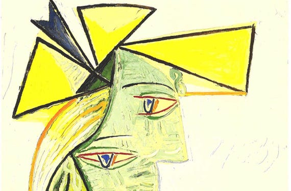 Picasso Woman in Yellow Hat With Blue Ribbon Cubist Modern Picasso Woman in Yellow Hat With Blue Ribbon Cubist Modern