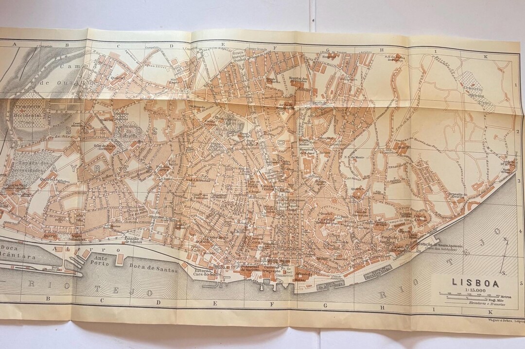 1911 Lisbon Map | Mediterranean City | Antique Color Map With ...