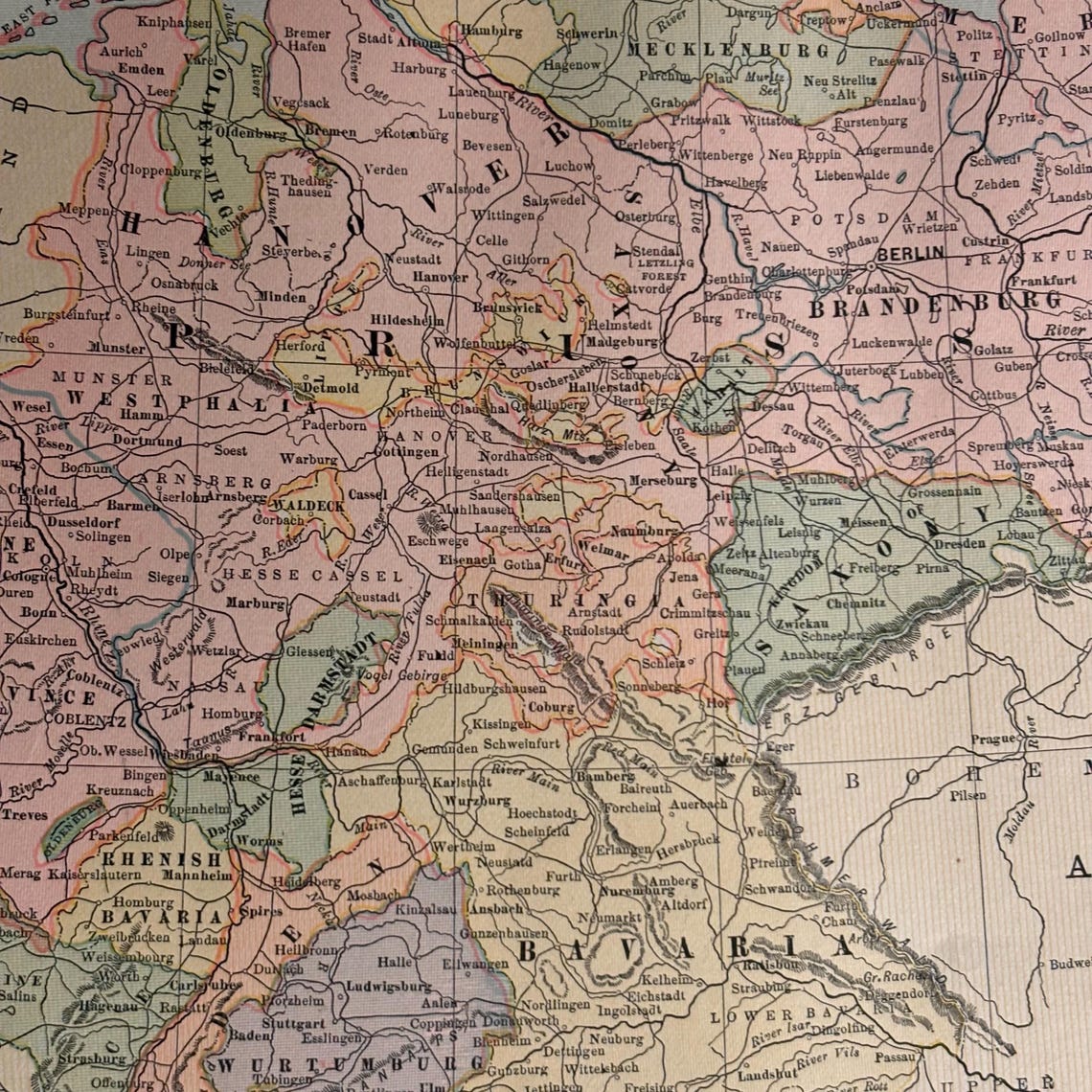 1886 Map of Germany | Hand Colored Lithograph | 13 by 11 Inches History ...