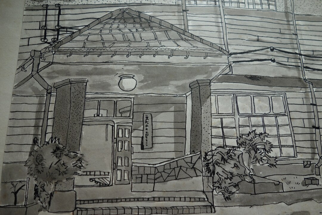 Original Drawing Japanese Middle School Building Drawing Print Saitana ...