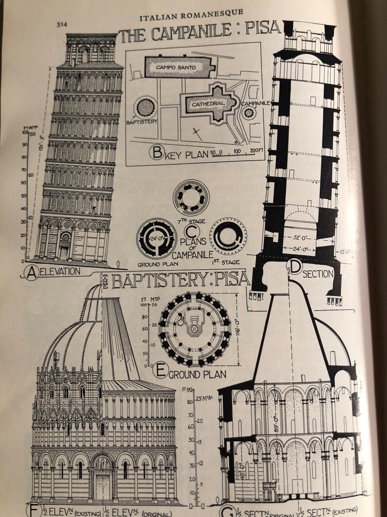 1924 Italian Romanesque Leaning Tower of Pisa | Architecture Details ...