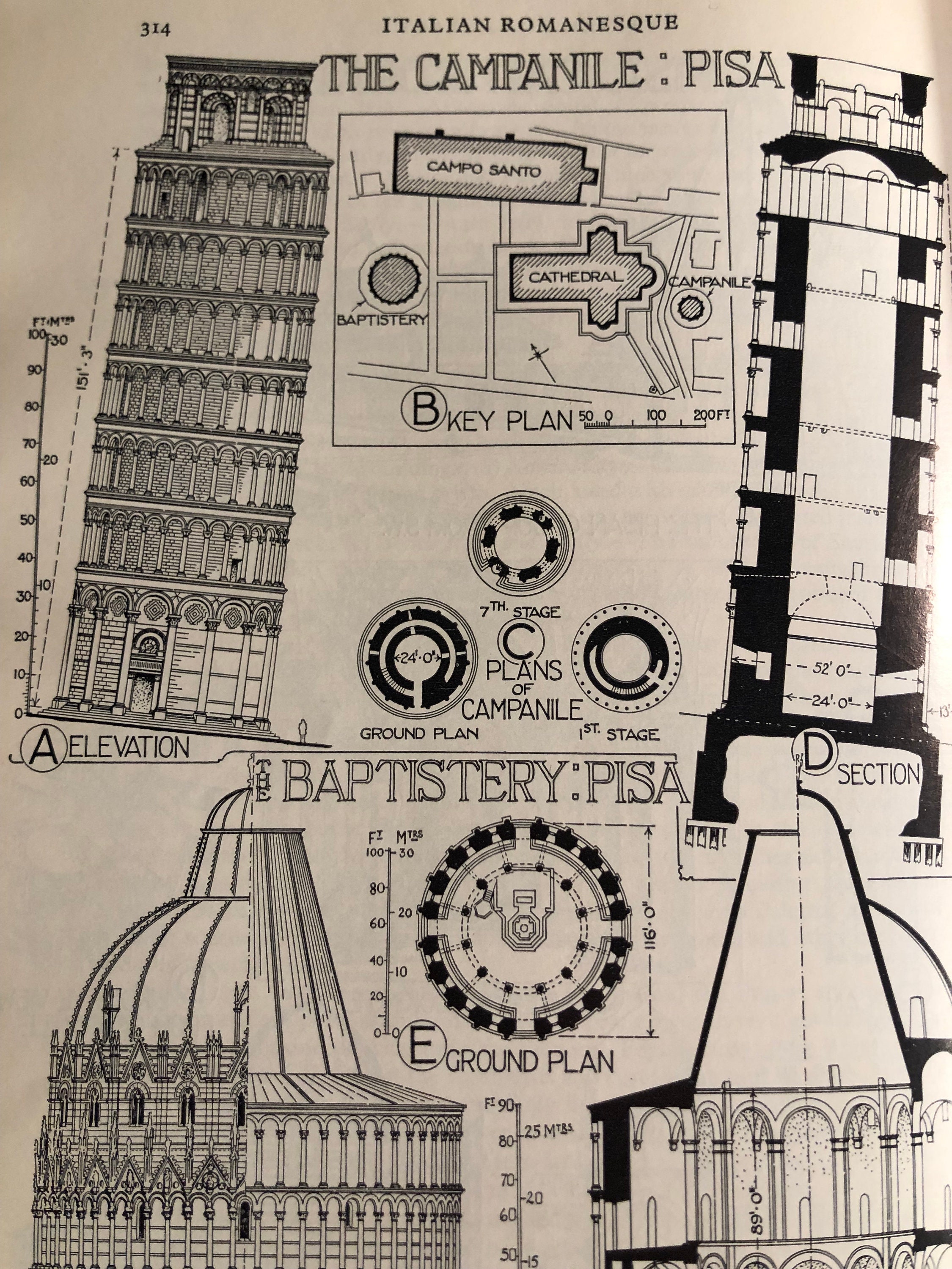 1924 Italian Romanesque Leaning Tower of Pisa | Architecture Details ...