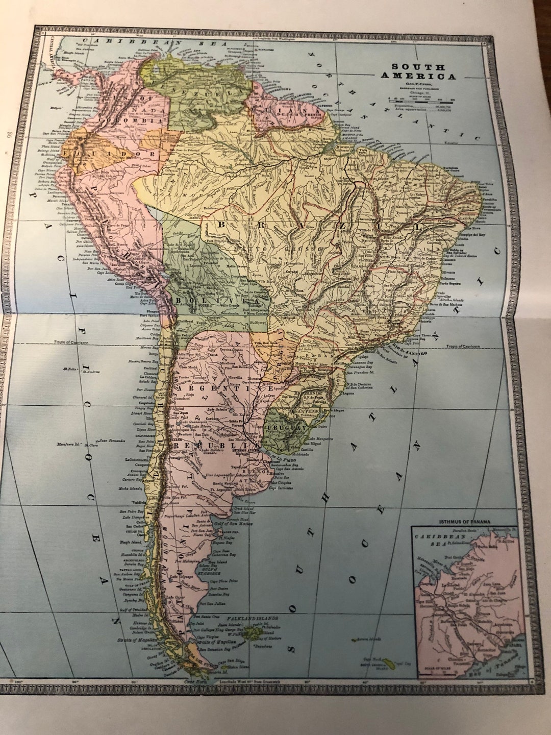 1886 South America Map Hand Colored Lithograph Americana 13 by 22 ...