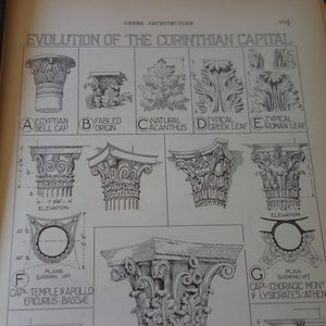Corinthian Capital Greek Temple Architecture - 1924 Lithograph - Great for Framing - Gift for ...
