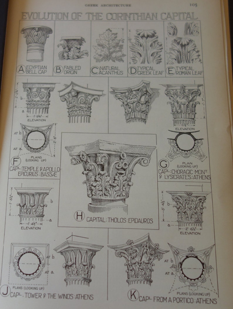 Corinthian Capital Greek Temple Architecture 1924 lithograph | Etsy