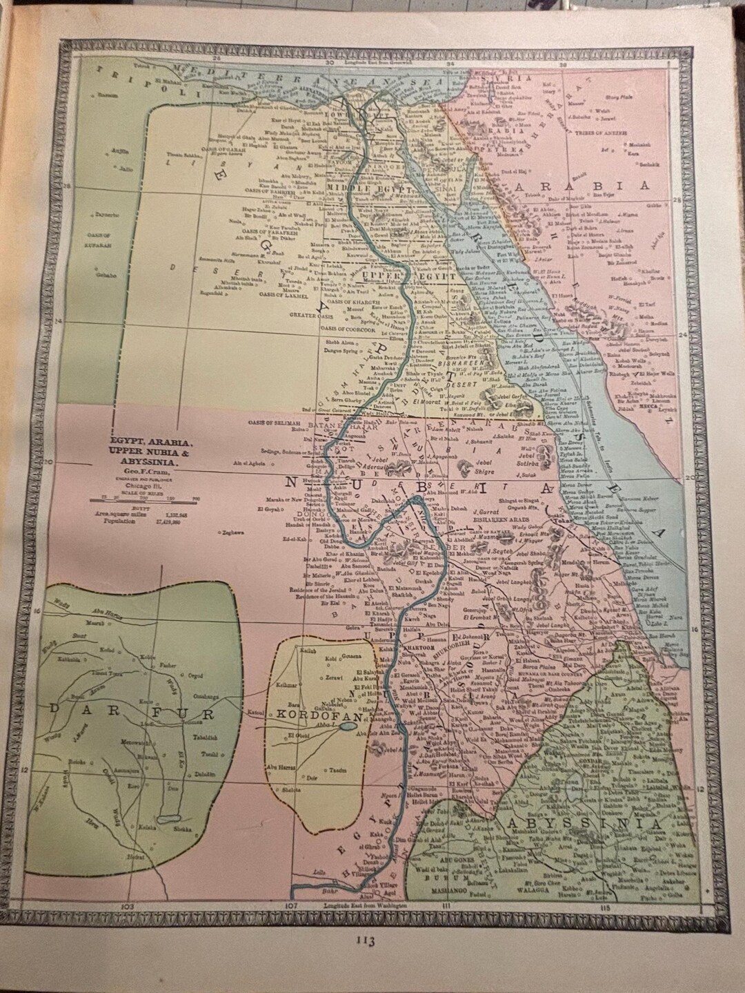 1886 Map of Egypt, North Africa Hand Colored Lithograph 13 by 11 Inches ...