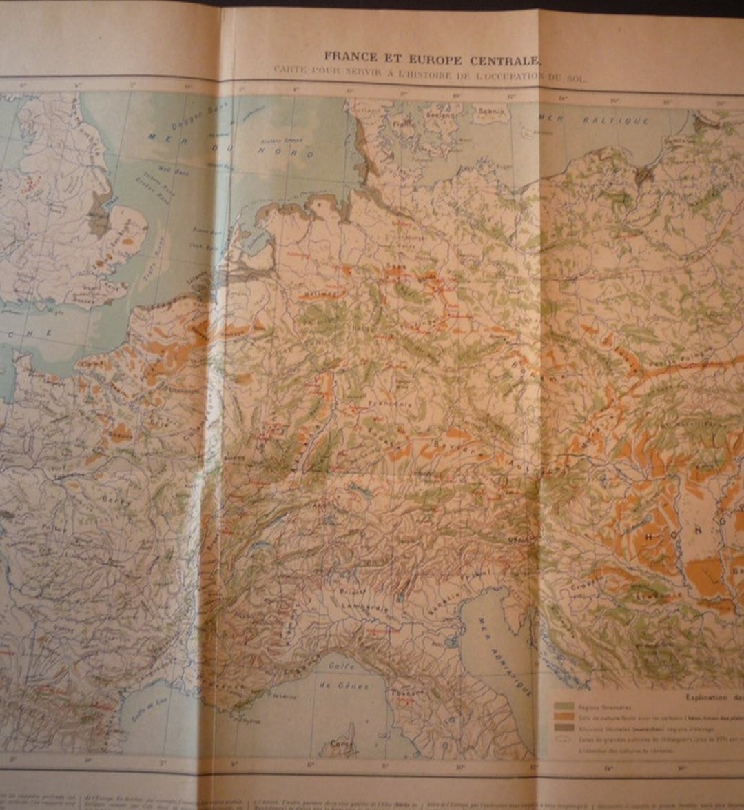 Map of France and Central Europe - 1911 Large Framable Color Lithograph ...