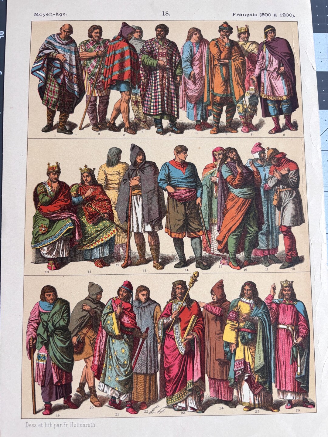 1873 French Clothing of the Middle Ages. Brightly Colored Antique ...