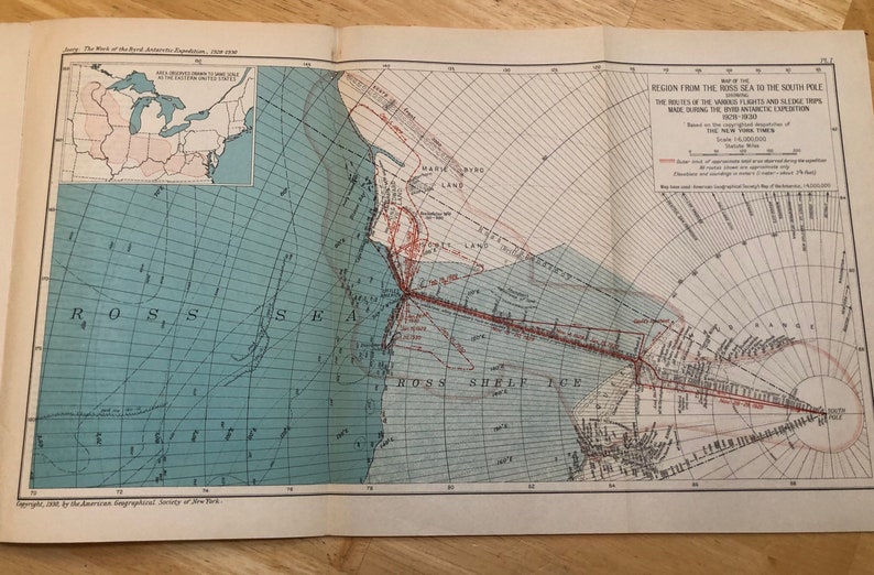 1930 Antarctic Expedition Foldout Map Antique Original Color Admiral ...