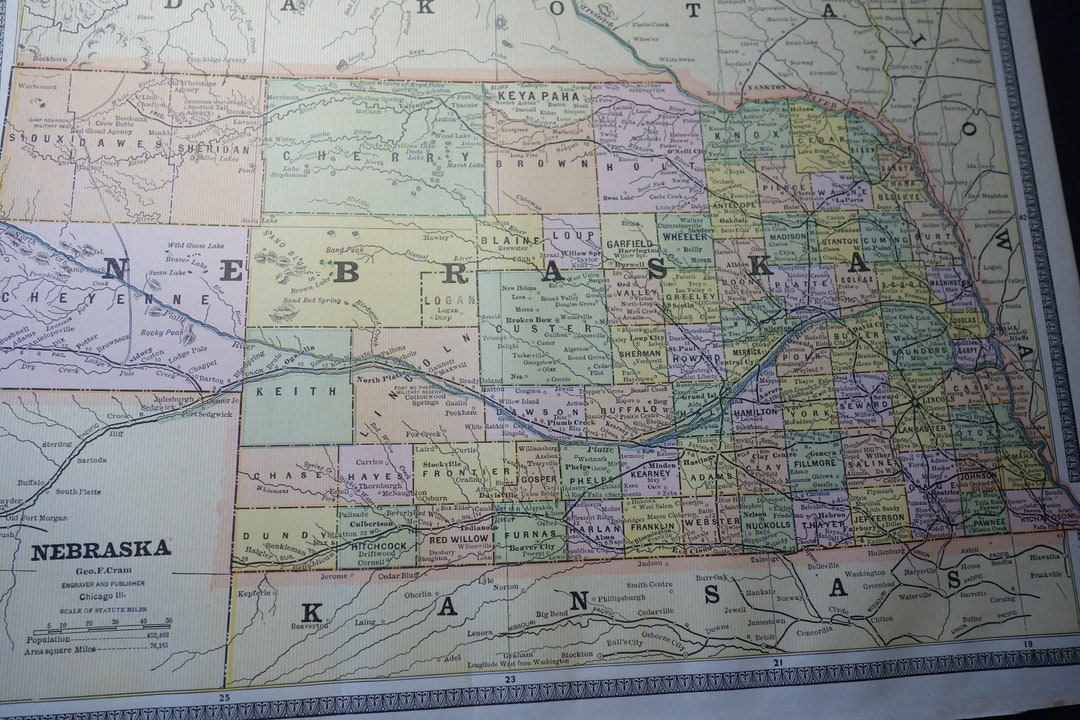 1886 Map of Nebraska Kansas Hand Colored Lithograph American Perfect ...