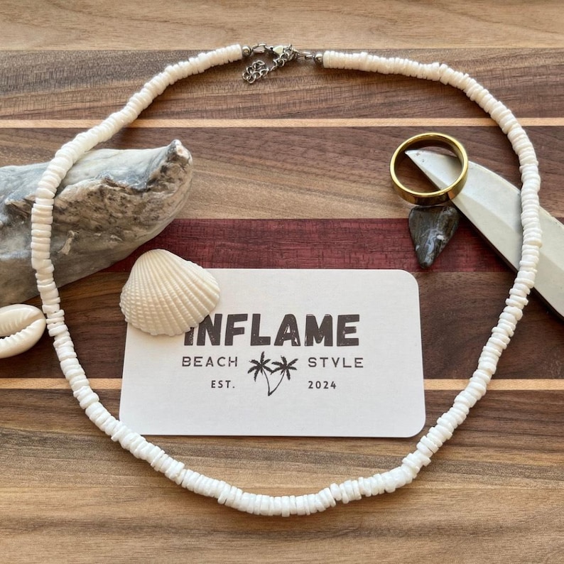 Shell Surfer Necklace / Boho Beach Necklace / Heishi Puka Stainless ...