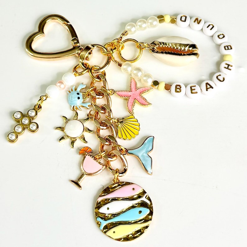 Customizable Beach Charm Bag Chain, Colorful Seashells Ocean Theme Clip ...