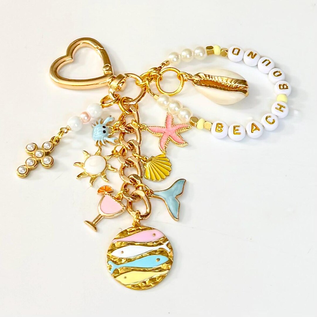 Customizable Beach Charm Bag Chain, Colorful Seashells Ocean Theme Clip ...