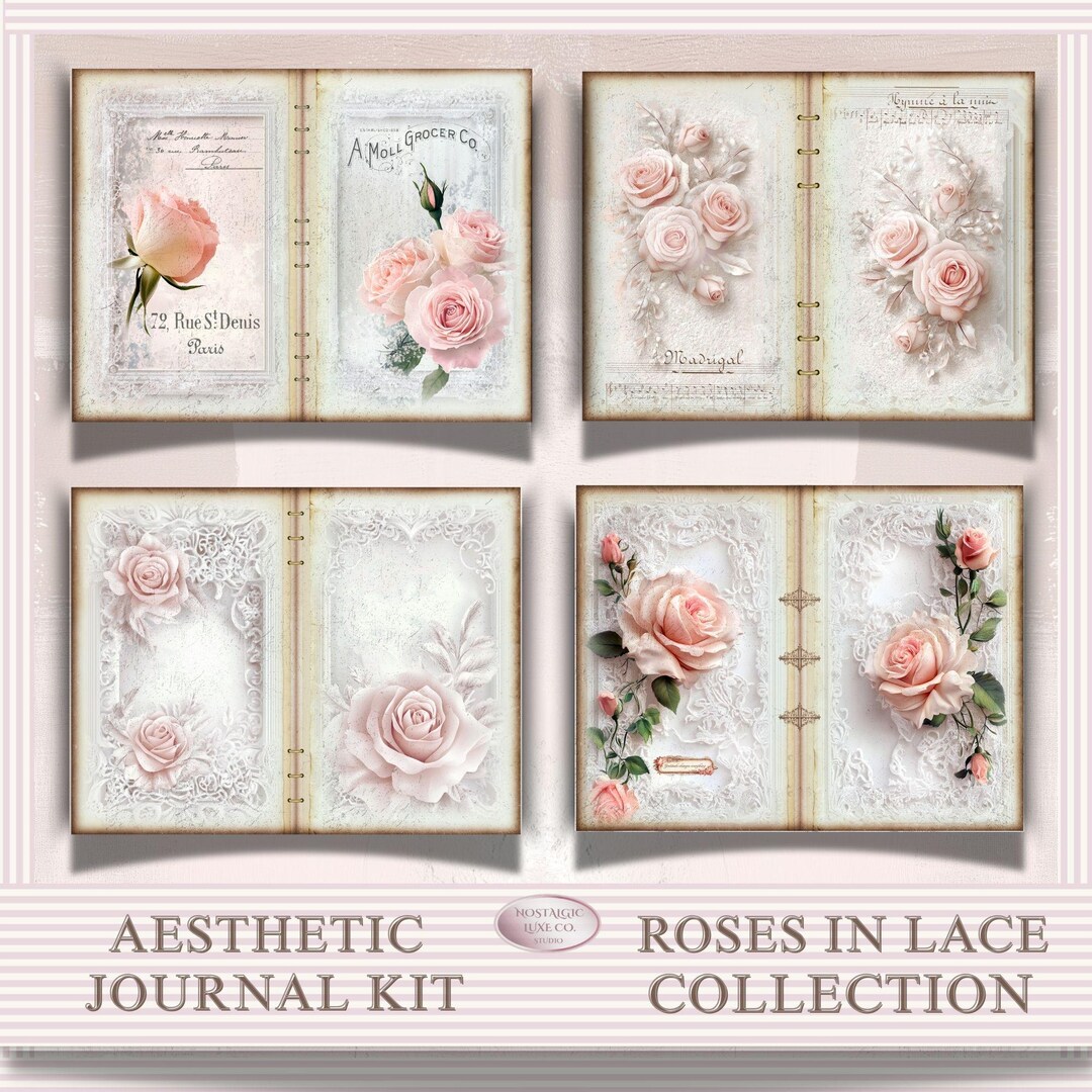 Romantic Vintage Lace Backgrounds Junk Journal Kit, Printable Roses ...