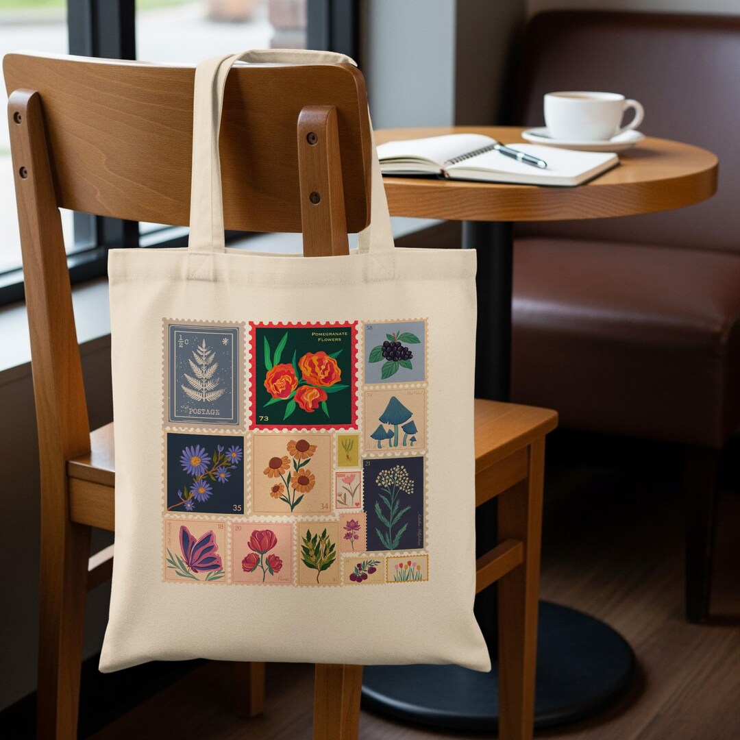 Botanical Stamps Tote Bag, Floral Art Tote Mushroom, Stamp Bag ...