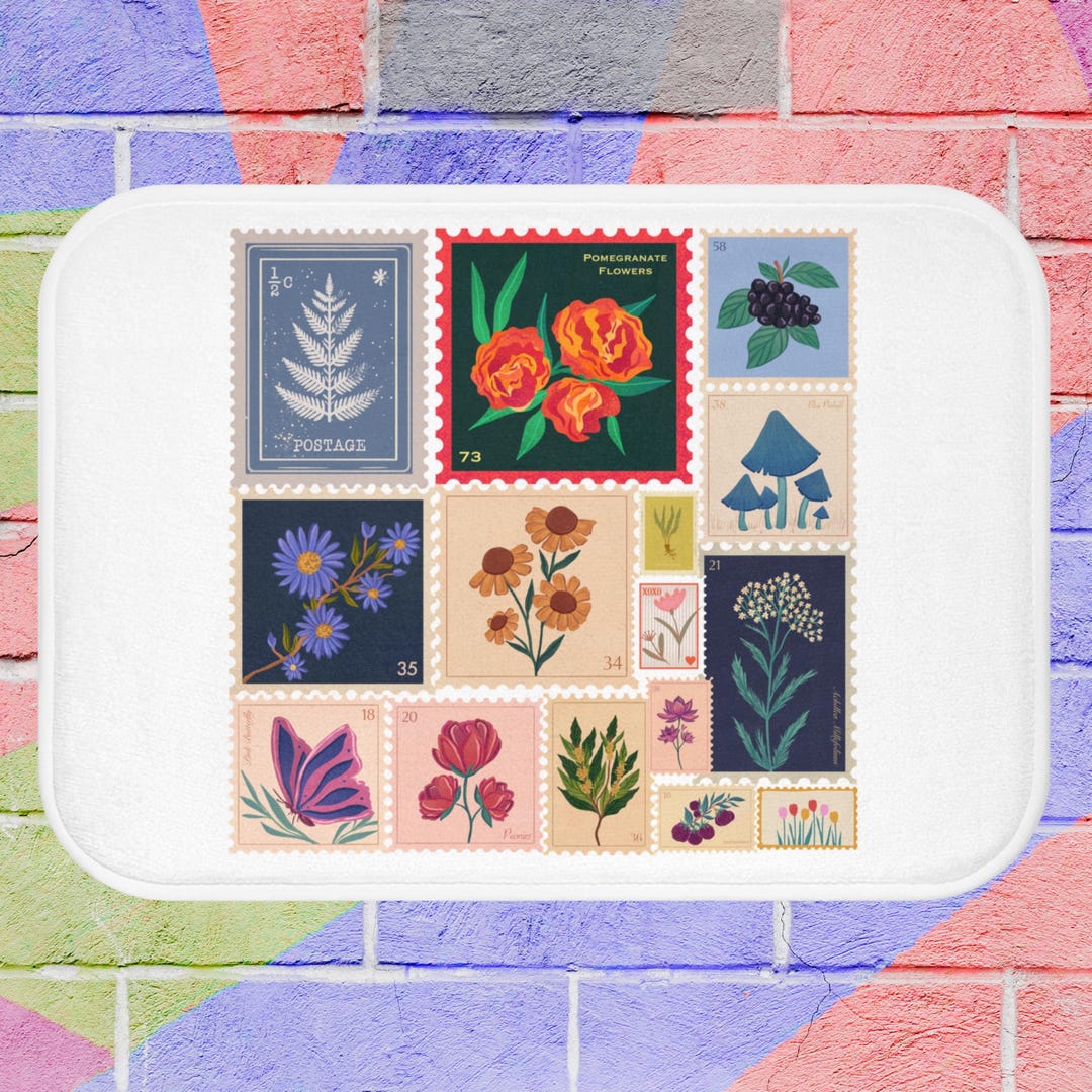 Vintage Floral Postage Stamp Bath Mat, Boho Bathroom Decor, Gift for ...