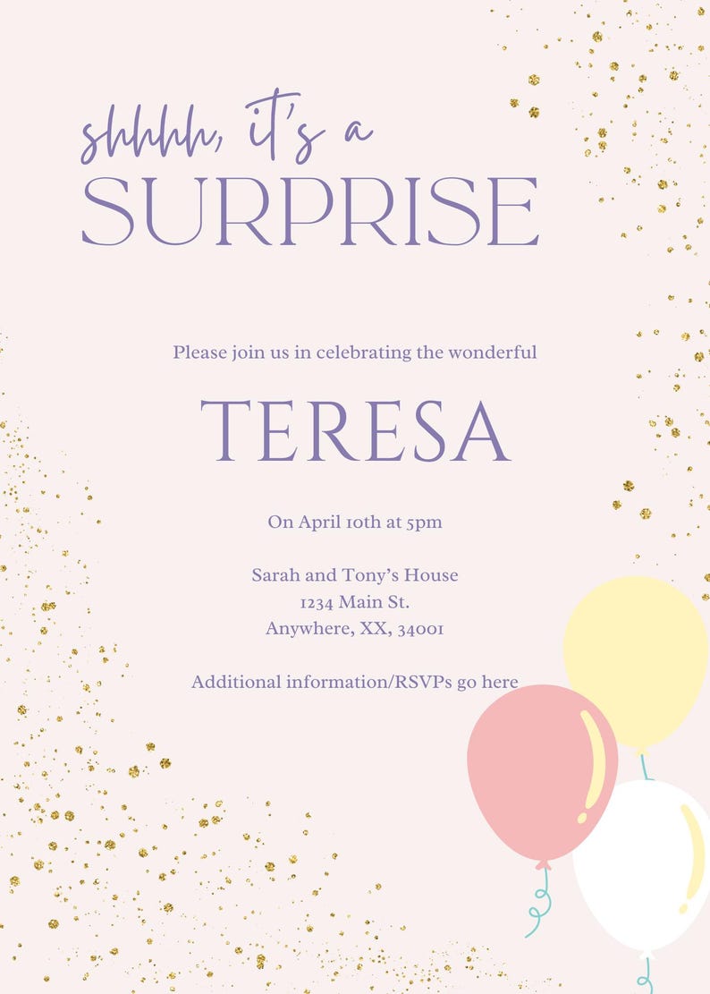 Surprise Birthday Party Invitation – Editable Canva Template ...