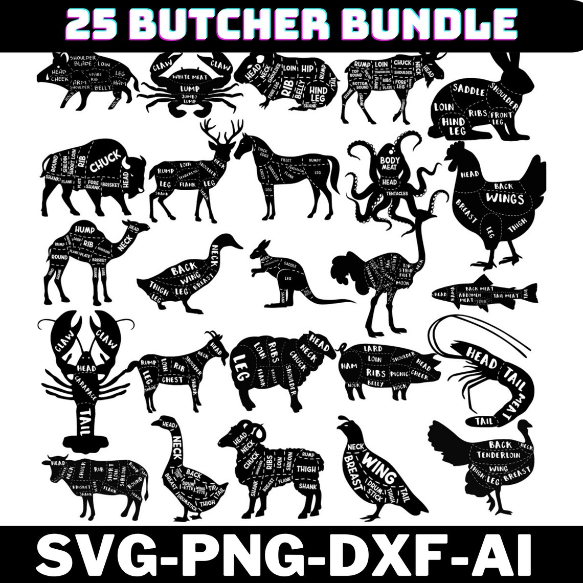 25 Butcher Pack SVG Bundle, Butcher's Beef Cuts, Meat Svg, Digital File ...