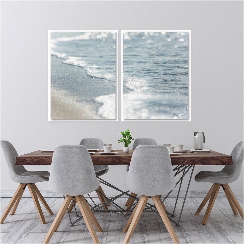 Set of 2 Slate Blue Coastal Shoreline Art Prints or Canvases, Beach ...