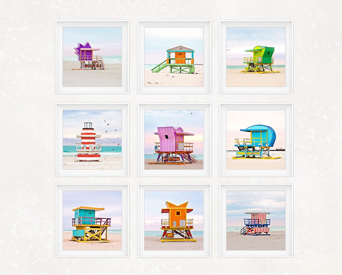 SALE Set of 9 Prints Miami Beach Hut Lifeguard Tower Print Set Wall Art ...