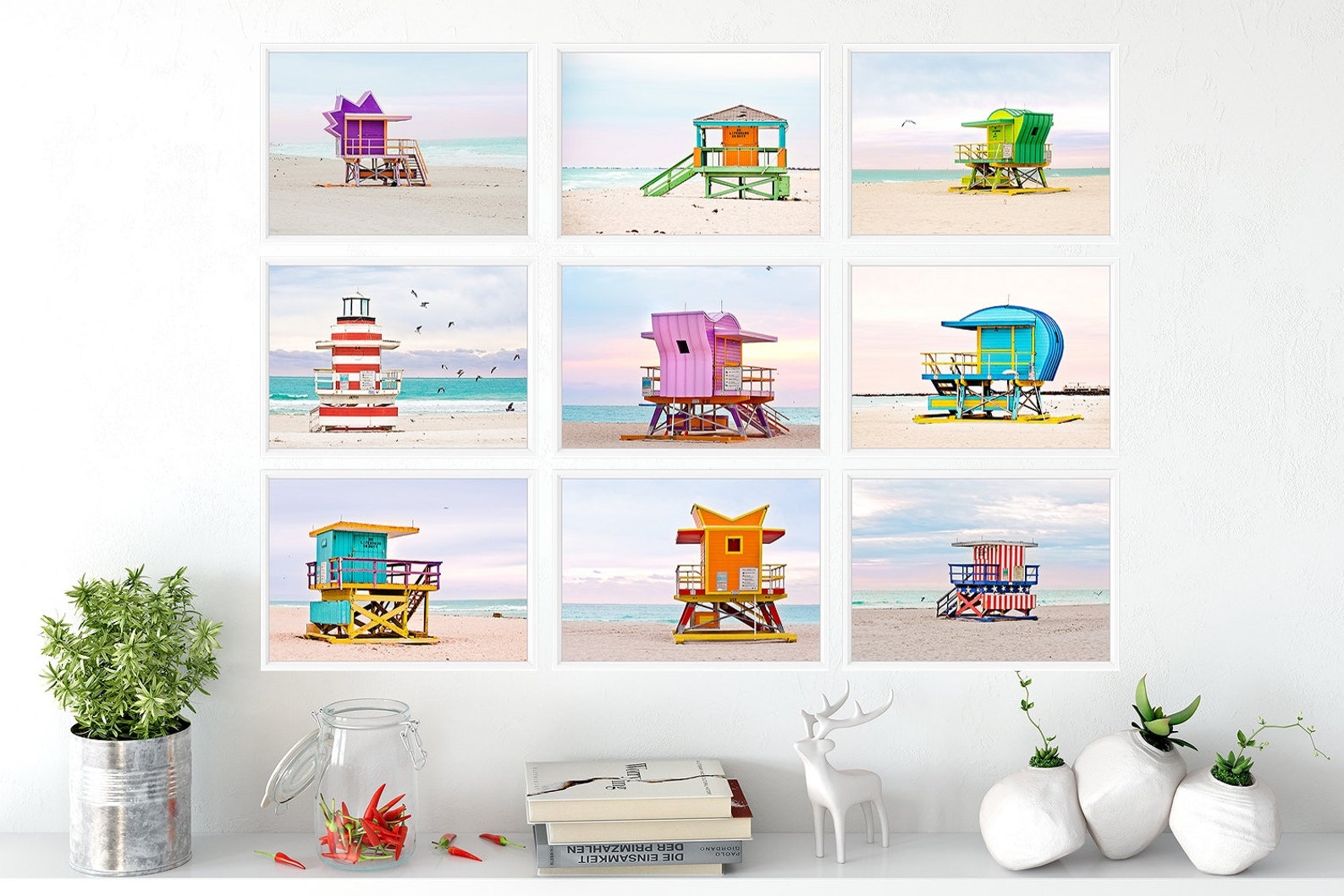 SALE Set of 9 Prints Miami Beach Hut Lifeguard Tower Print Set Wall Art ...