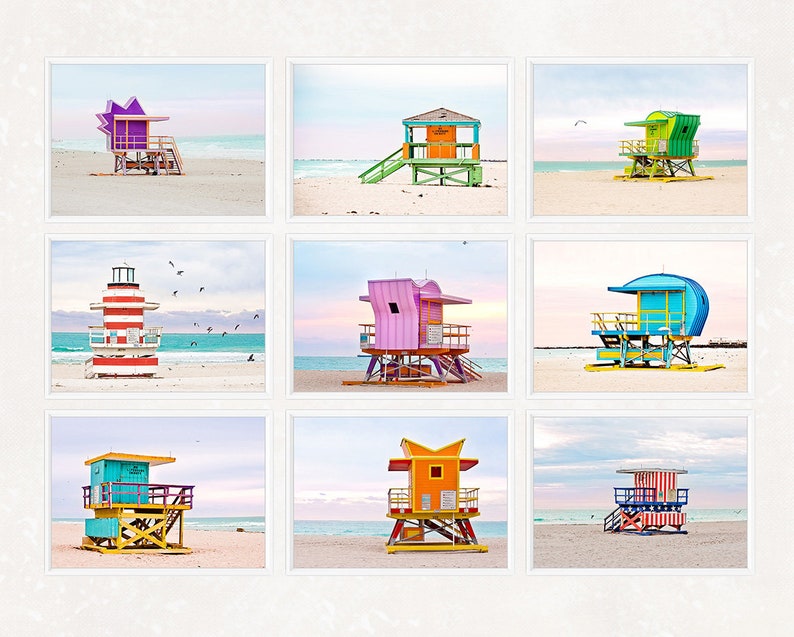 SALE Set of 9 Prints Miami Beach Hut Lifeguard Tower Print Set Wall Art ...