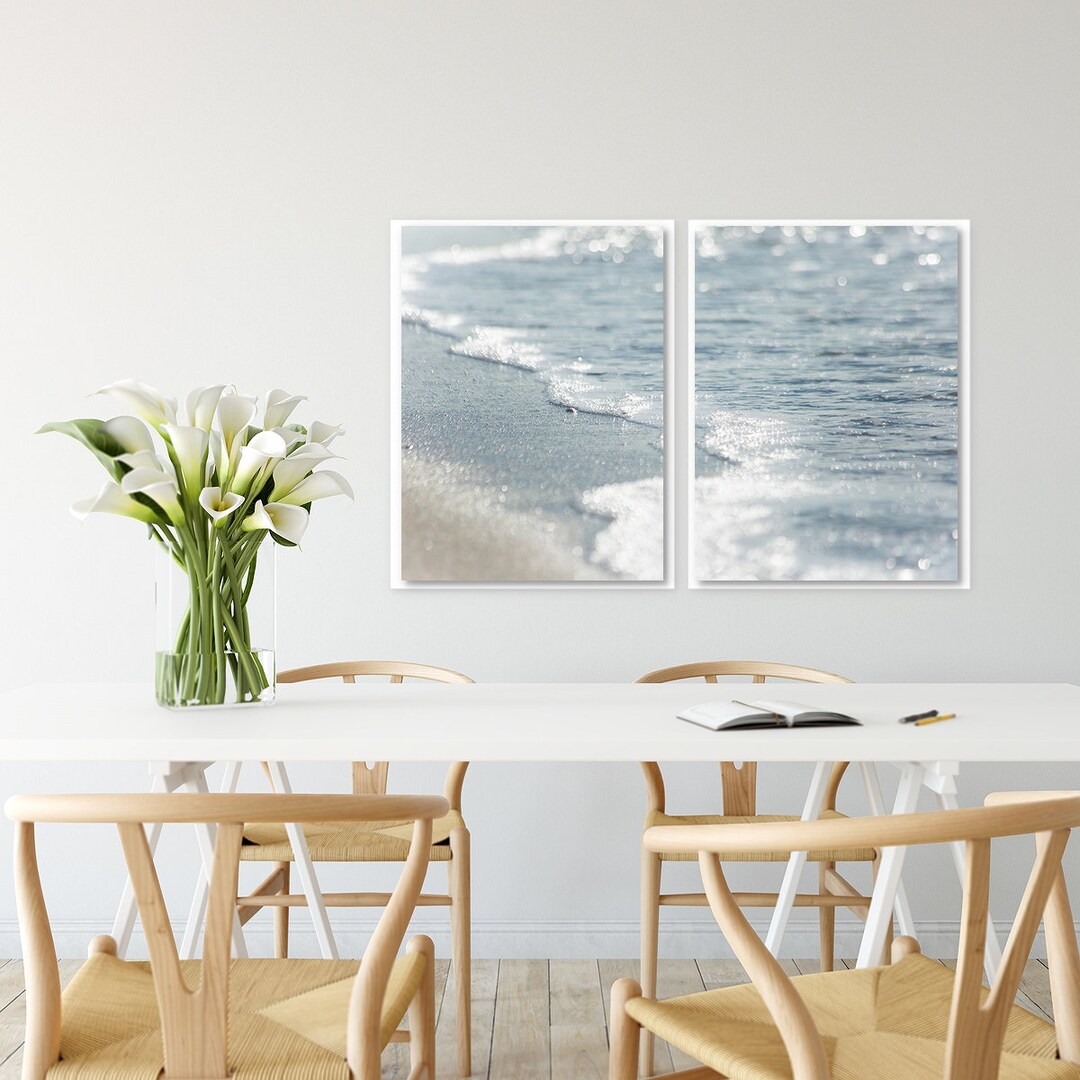 Set of 2 Slate Blue Coastal Shoreline Art Prints or Canvases, Beach ...