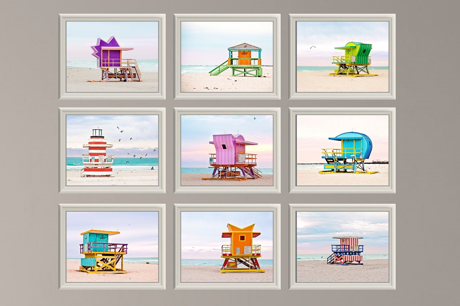 SALE Set of 9 Prints Miami Beach Hut Lifeguard Tower Print Set Wall Art ...