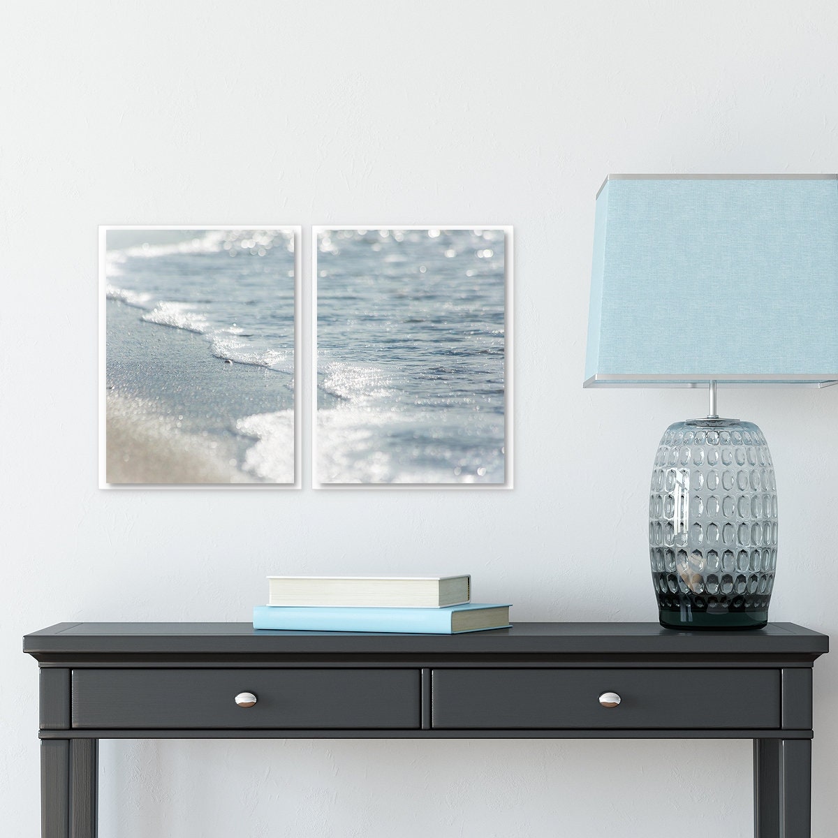 Set of 2 Slate Blue Coastal Shoreline Art Prints or Canvases, Beach ...