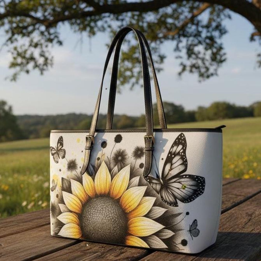 Sunflower & Butterfly Print PU Leather Handbag: Boho Chic Shoulder Bag ...