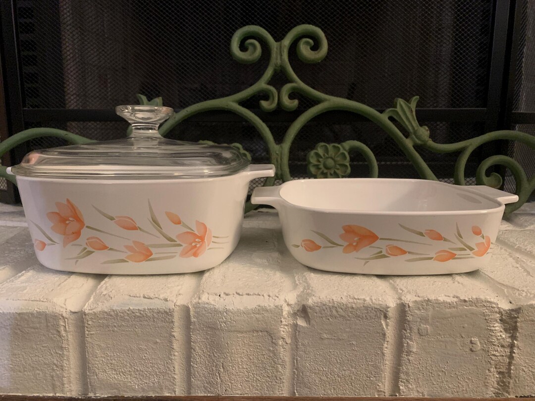 1980s Peach Floral Corningware Casserole Dishes With Pyrex Lid - Etsy