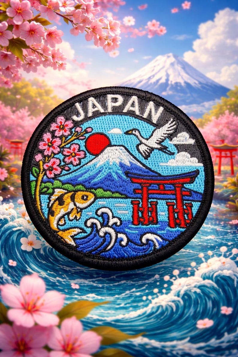 Japan Embroidered Patch: Cherry Blossom, Mt Fuji, Torii Gate, Koi Fish ...
