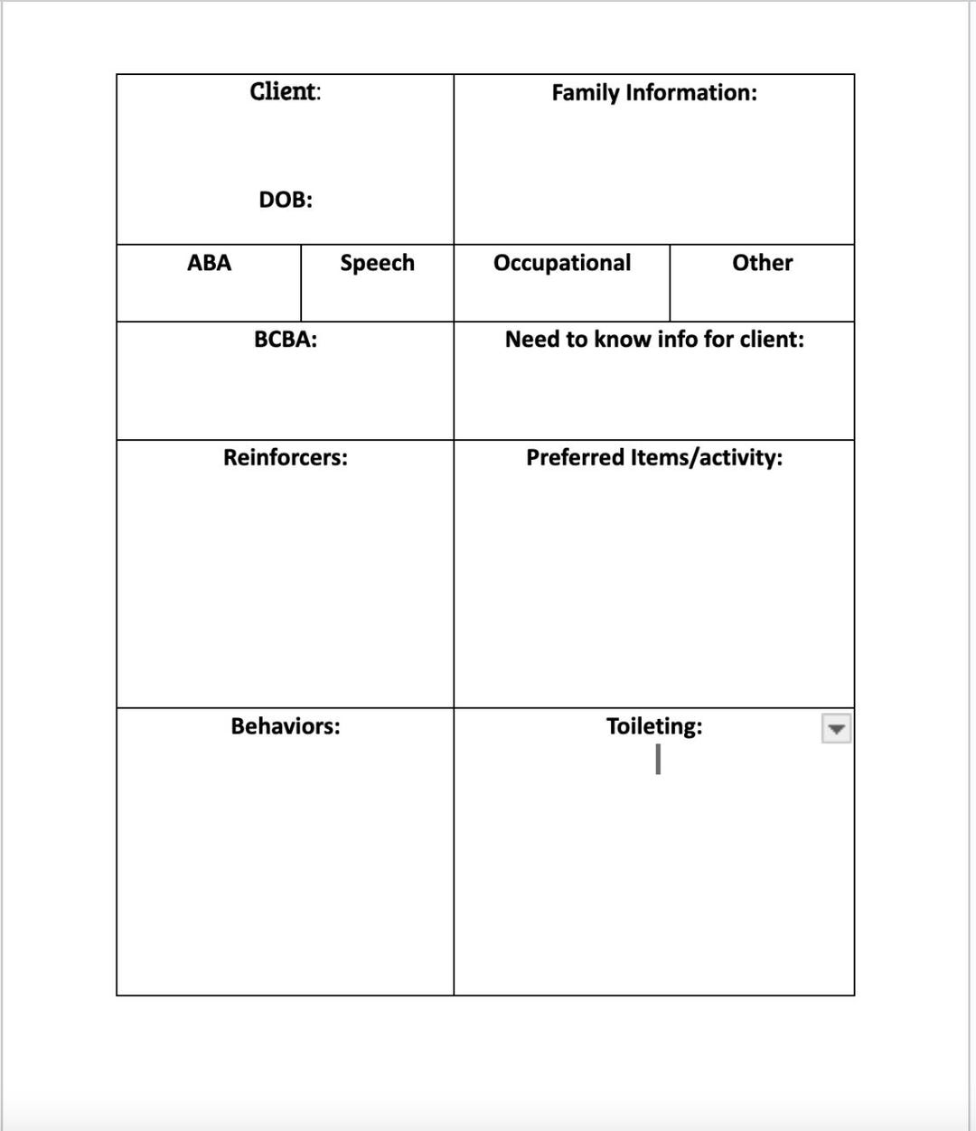 ABA Client Info Reference Sheet - Etsy