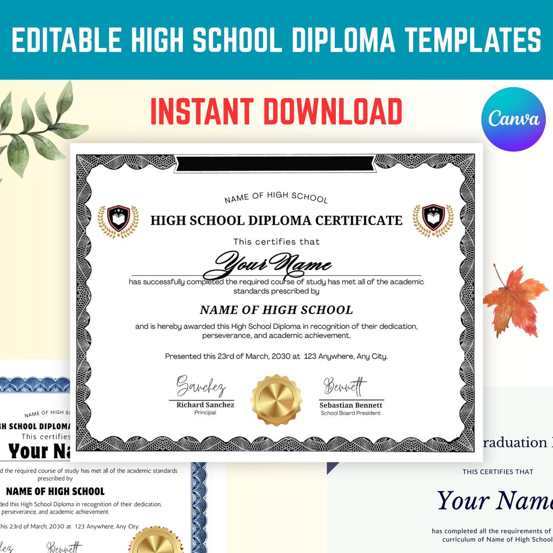 3 Editable High School Diploma Template, Instant Download Digital ...