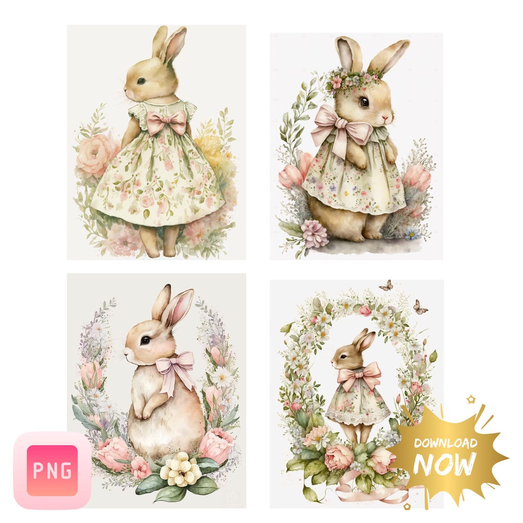 Easter Bunny Digital Print – Watercolor Rabbit Art, Floral Nursery ...