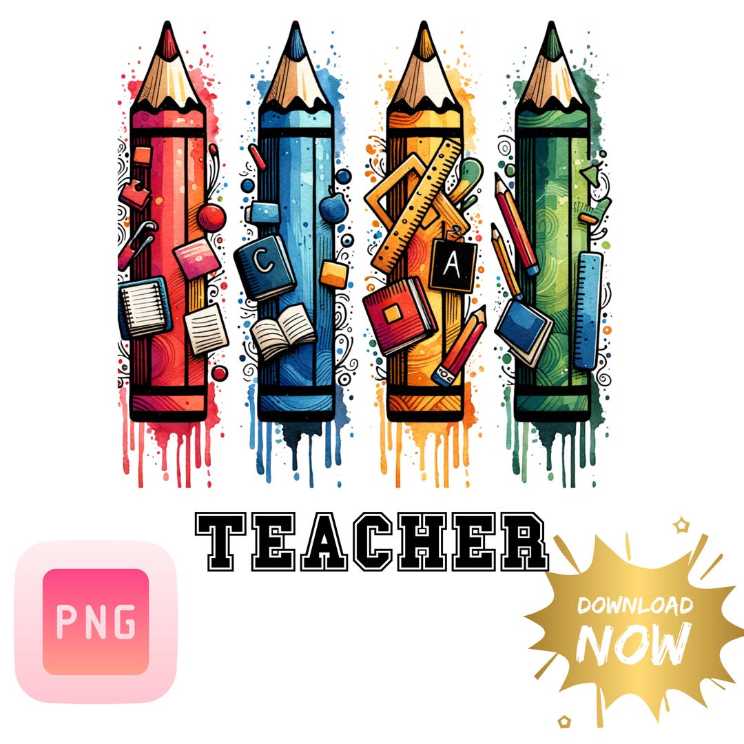 Colorful Teacher Pencil Clipart PNG | Back to School Sublimation ...