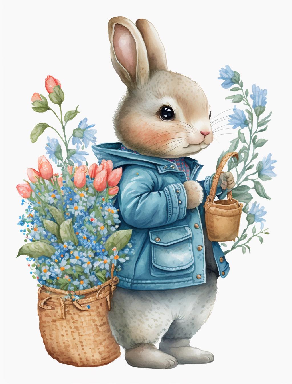 Peter Rabbit Watercolor Clipart | Blue Jacket, Easter Basket and ...