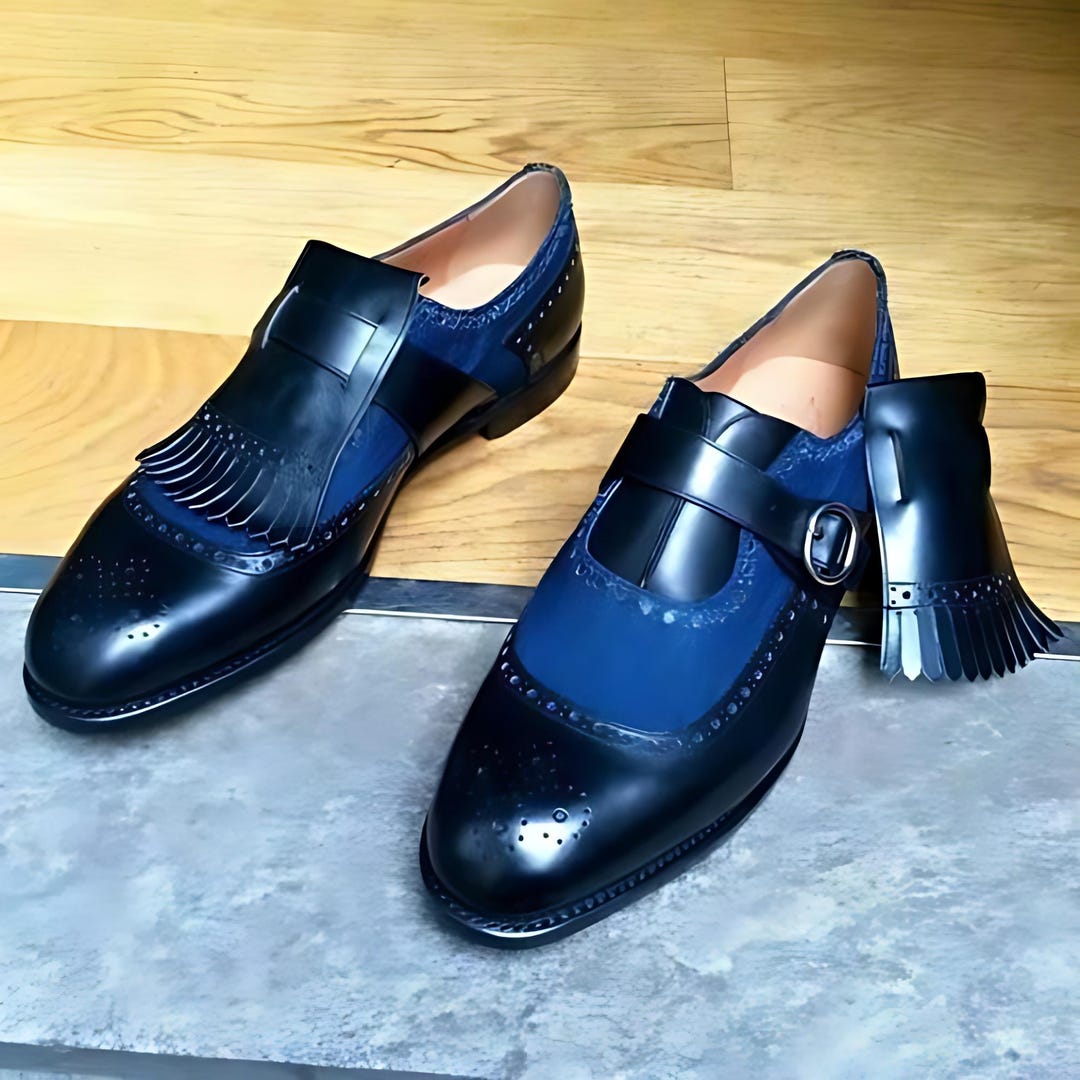 Handmade Men's Two Tone Monk Moccasins Blue Fabric and Leather Slip on ...