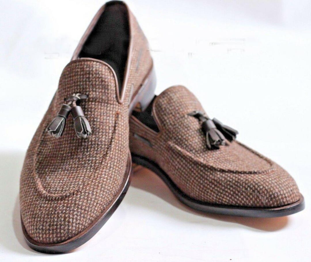 Handmade Men's Tweed Fabric Stunning Loafers & Slip on Tassles Formal ...