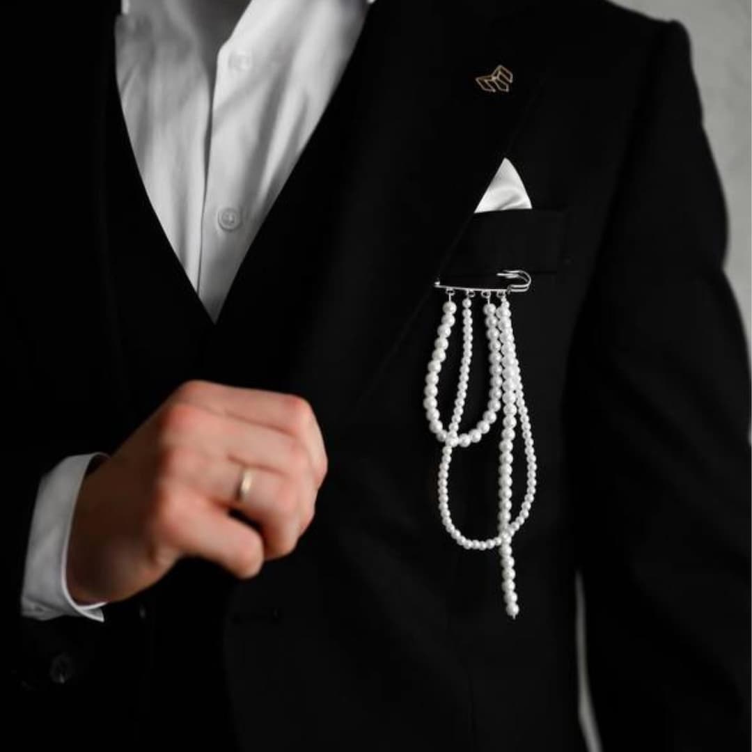 Handmade Men’s Pearl Pin, Elegant Brooch, Grooms Boutonniere With Chain ...