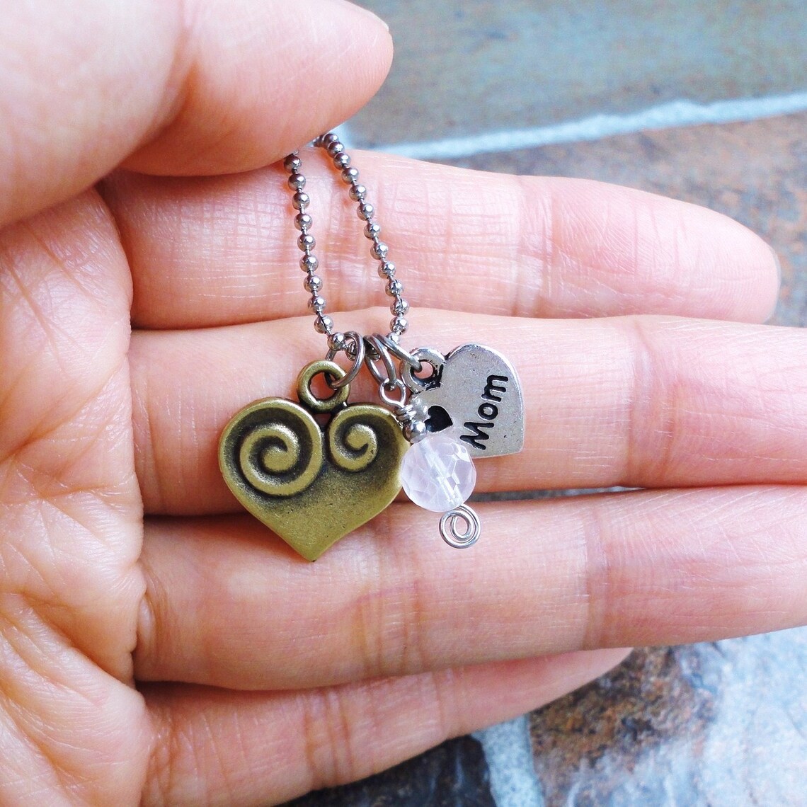 Heart Charm Necklace for Mom, Rose Quartz, Stainless Steel Ball Chain ...