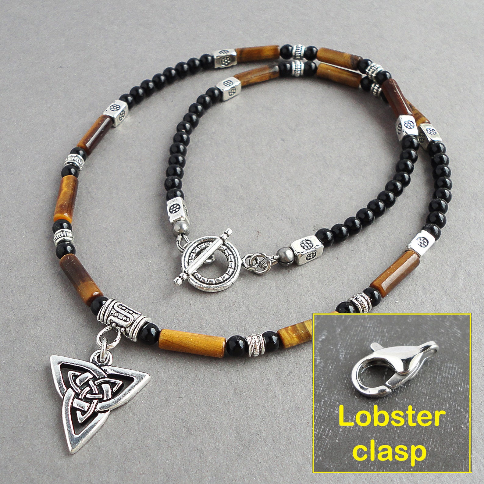 Tiger Eye Black Onyx Necklace for Men, Celtic Knot Triquetra Charm, Men ...