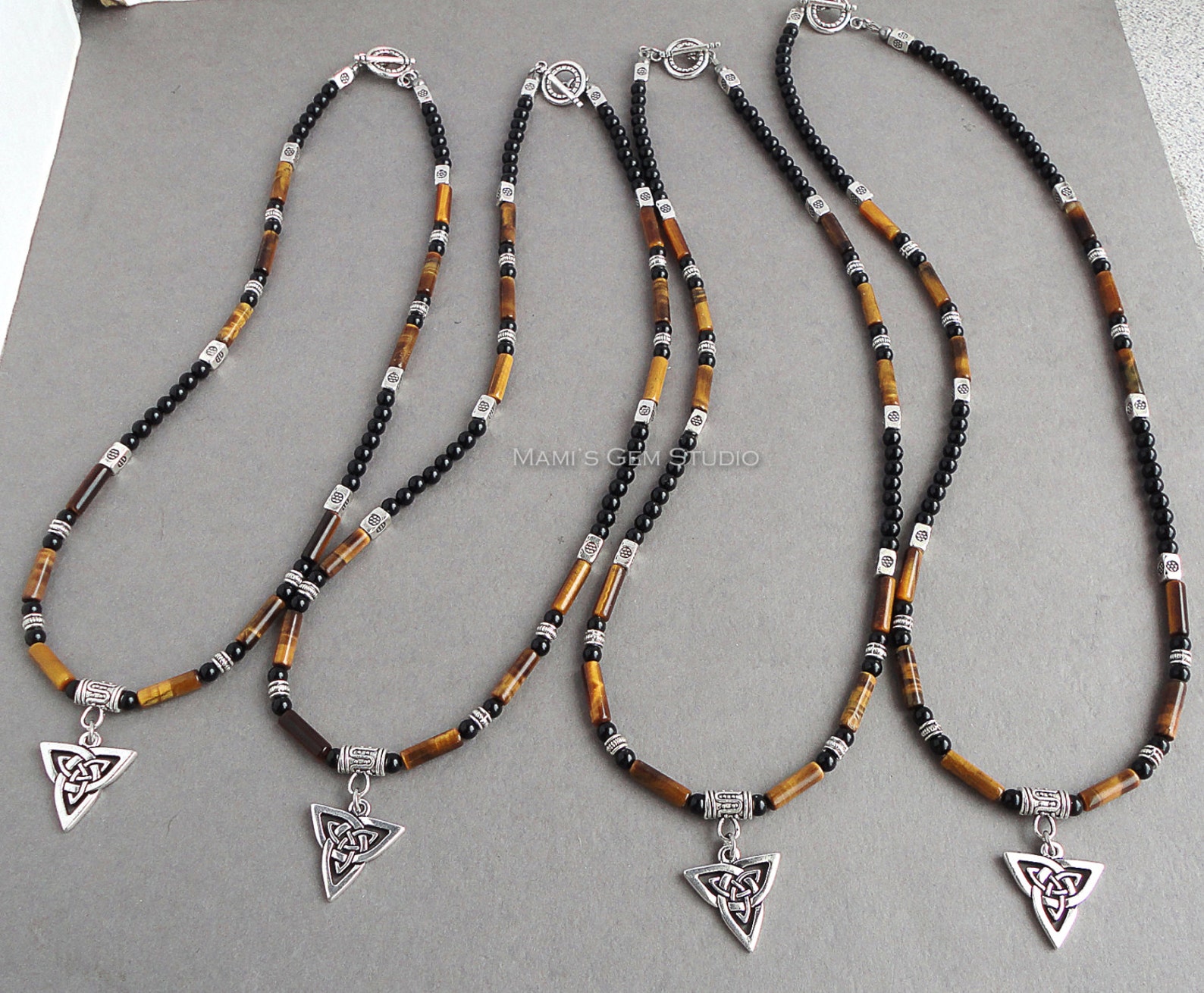 Tiger Eye Black Onyx Necklace for Men, Celtic Knot Triquetra Charm, Men ...