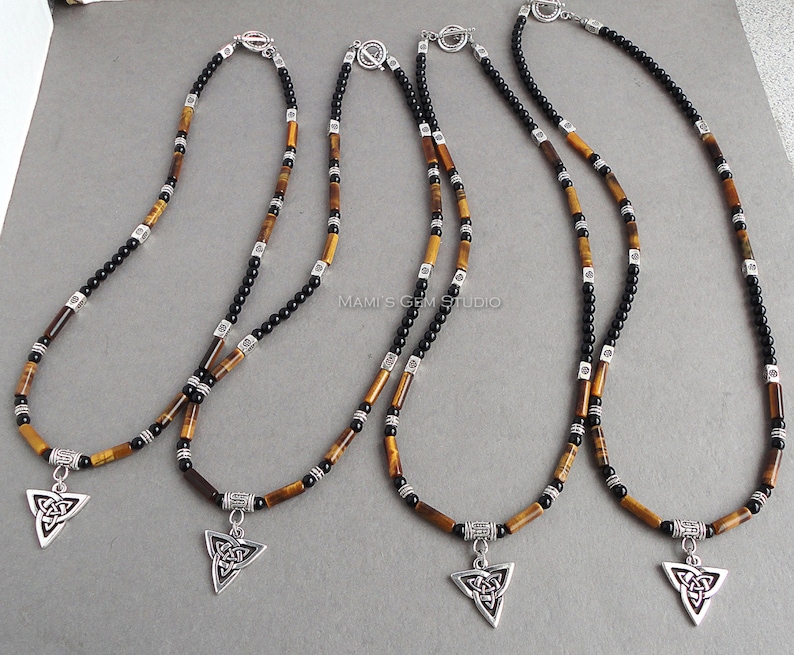Tiger Eye Black Onyx Necklace for Men, Celtic Knot Triquetra Charm, Men ...