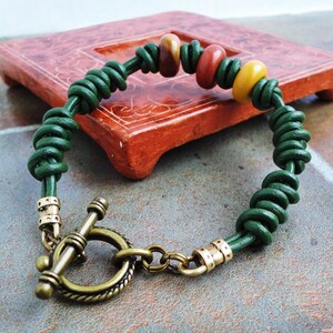 Mookaite and Green Leather Bracelet for Women, Hand Braided With ...