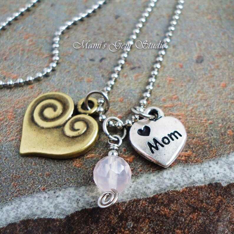 Heart Charm Necklace for Mom Rose Quartz Stainless Steel | Etsy