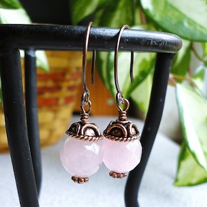 Rose Quartz Earrings in Antiqued Genuine Copper, Pink Gemstone Earrings ...